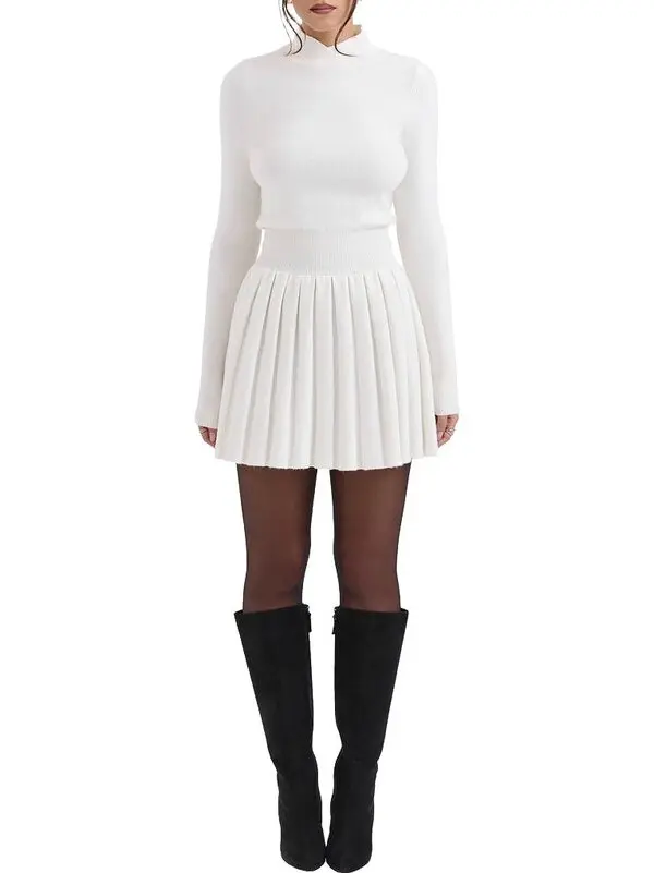 House Of Cb Willow Mock Neck Long Sleeve Mini Sweater Dress - White