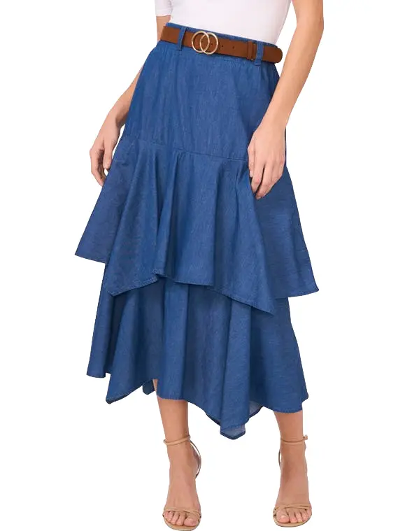 CECE DUPRAZ Tiered Denim Midi Skirt With Buckle Belt - Mid Indigo