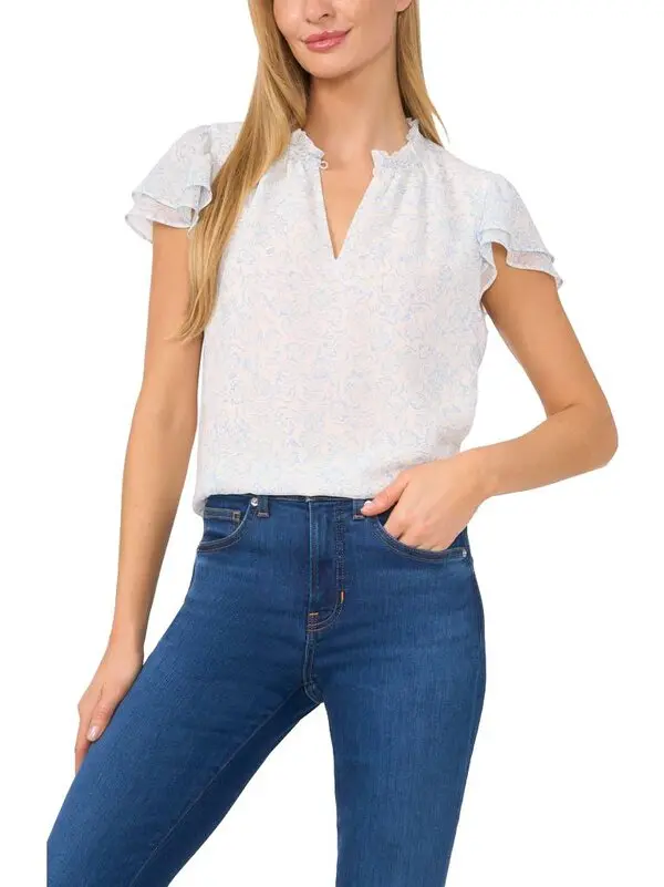 CECE DUPRAZ Flutter Sleeve Keyhole Top - New Ivory