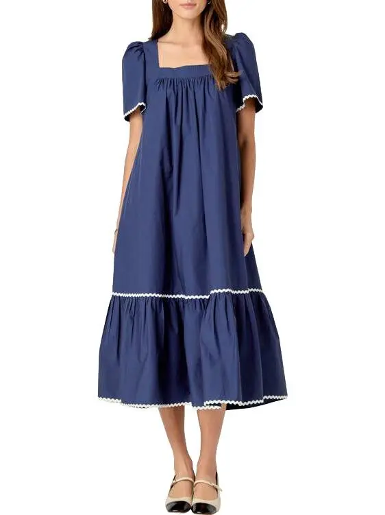 English Factory Rickrack Trim Midi Dress - Navy