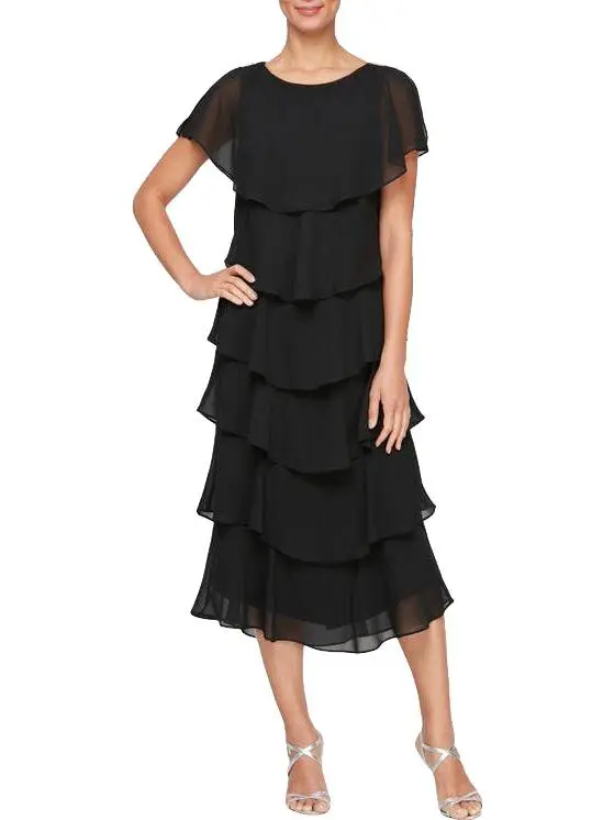SL FASHIONS Slny Tiered Chiffon Midi Dress - Black