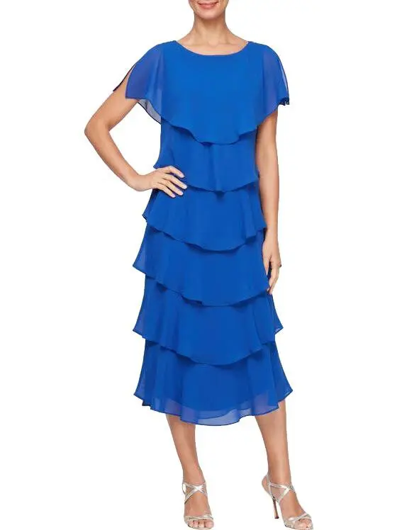 SL FASHIONS Slny Tiered Chiffon Midi Dress - Cobalt