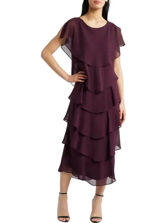 SL FASHIONS Slny Tiered Chiffon Midi Dress - Fig