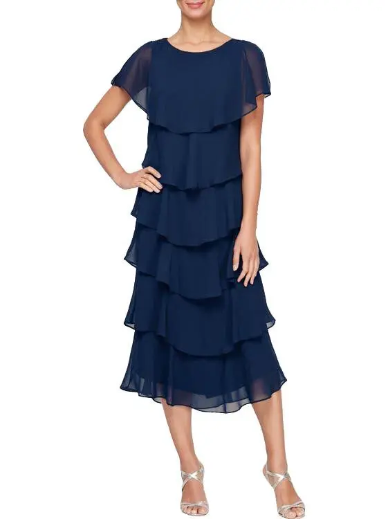 SL FASHIONS Slny Tiered Chiffon Midi Dress - Navy