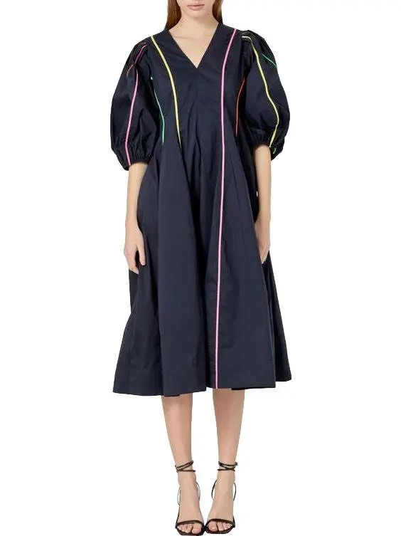 English Factory Contrast Trim Puff Sleeve Midi Dress - Navy Multi