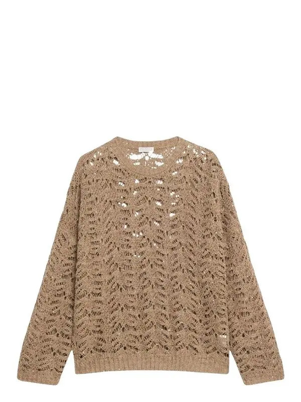 Brunello Cucinelli Paillette Lace Knit Crewneck Sweater - Chocolate