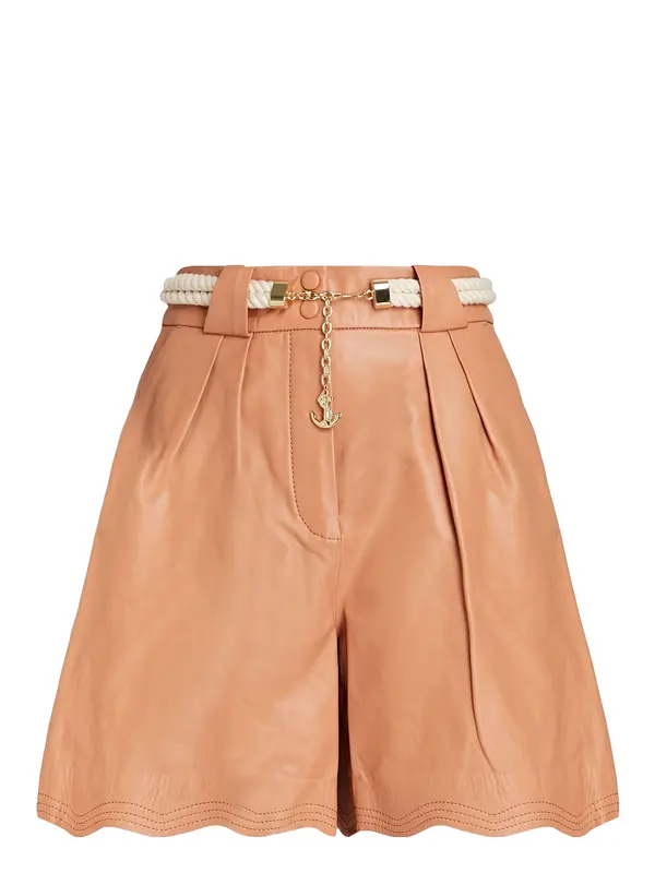Zimmermann Belted Scalloped Leather Shorts - Neutral