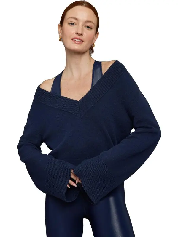 Carbon38 Off-shoulder Bell Sleeve Sweater - Navy