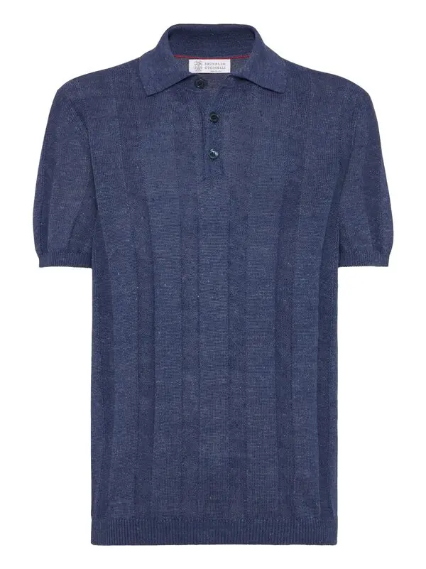 Brunello Cucinelli Ribbed Knit Polo - Blue