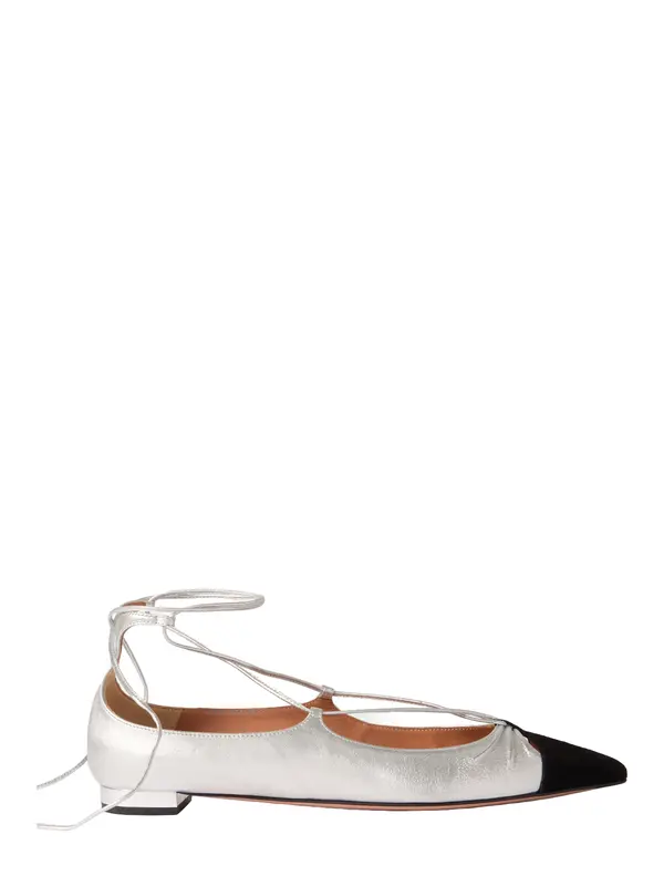 AQUAZZURA Gabi Lace-up Metallic Leather Flats - Silver