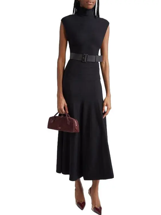 Alaïa Turtleneck Jersey Belted Dress - Noir Alaia