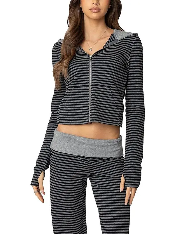 EDIKTED Meggy Striped Zip Up Hoodie - Black-and-gray