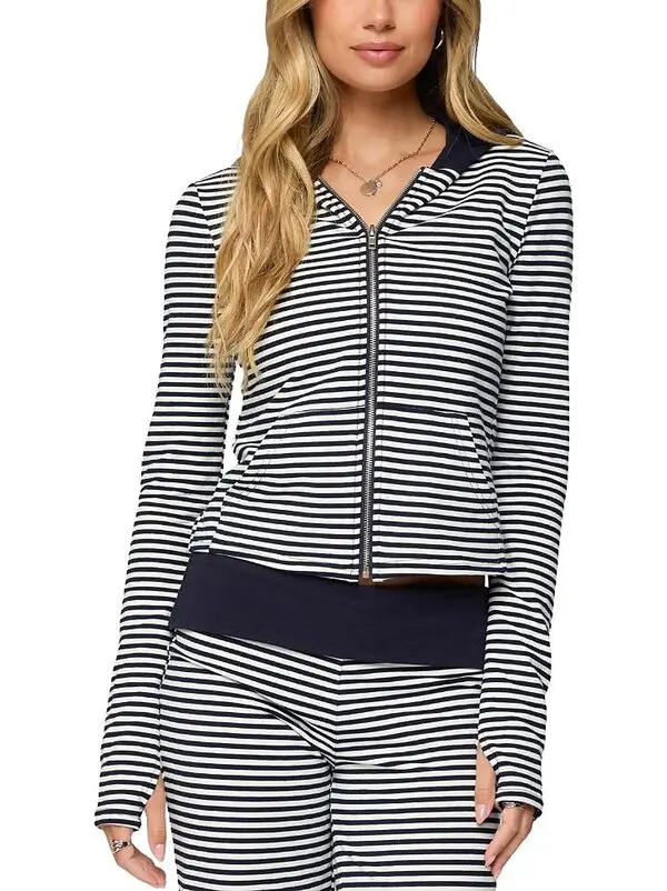 EDIKTED Striped Zip Up Hoodie - Navy And White