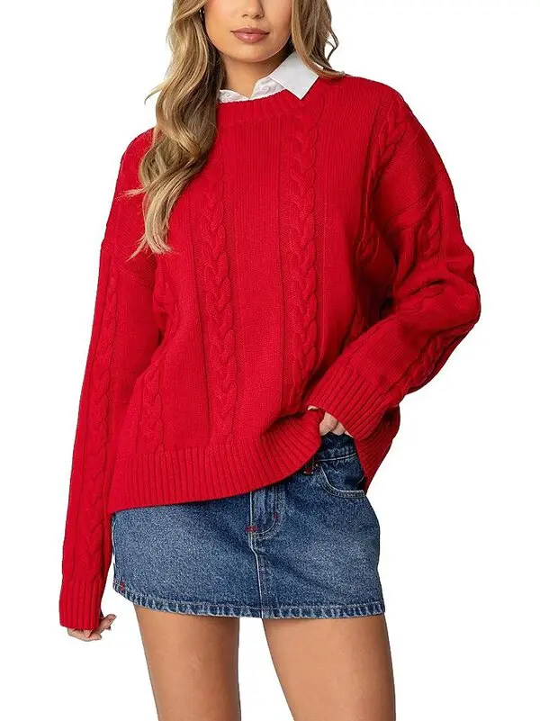 EDIKTED Acacia Oversized Cable Knit Sweater - Red