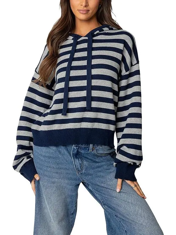 EDIKTED Striped Hooded Knit Sweater - Navy