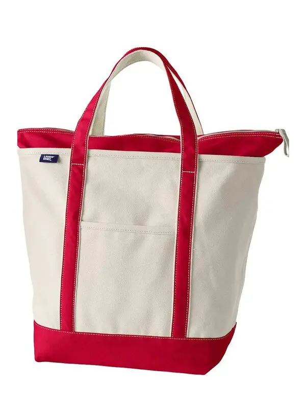 LANDS' END Zip Top Canvas Tote Bag - Natural/heritage Red