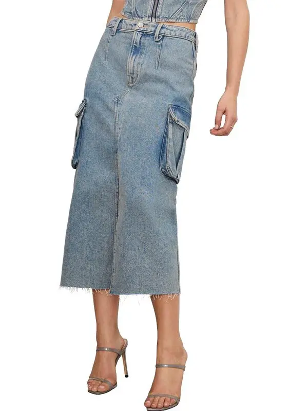 Good American Frayed Hem Denim Cargo Skirt - Indigo762