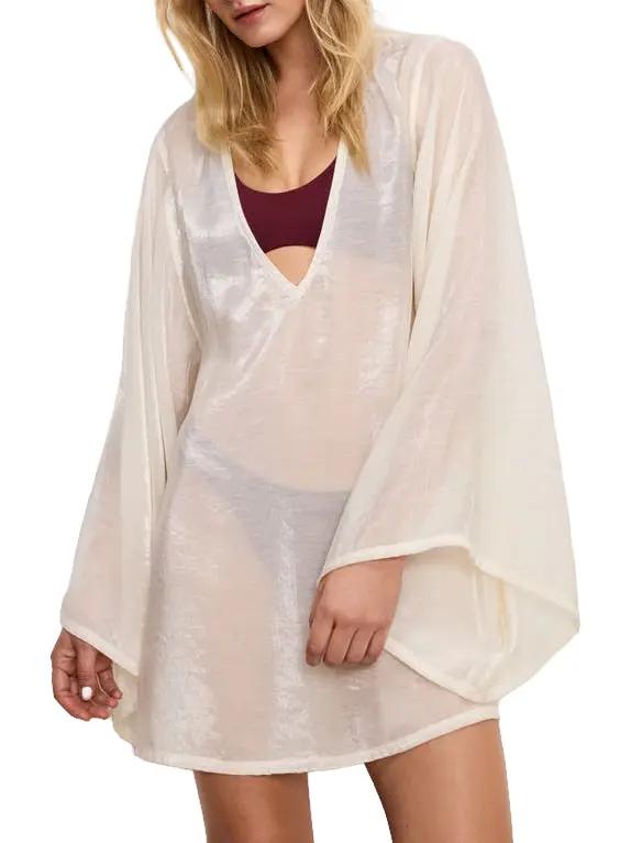 Good American Plunge Long Sleeve Sheer Cover-up Tunic - Cloud White001
