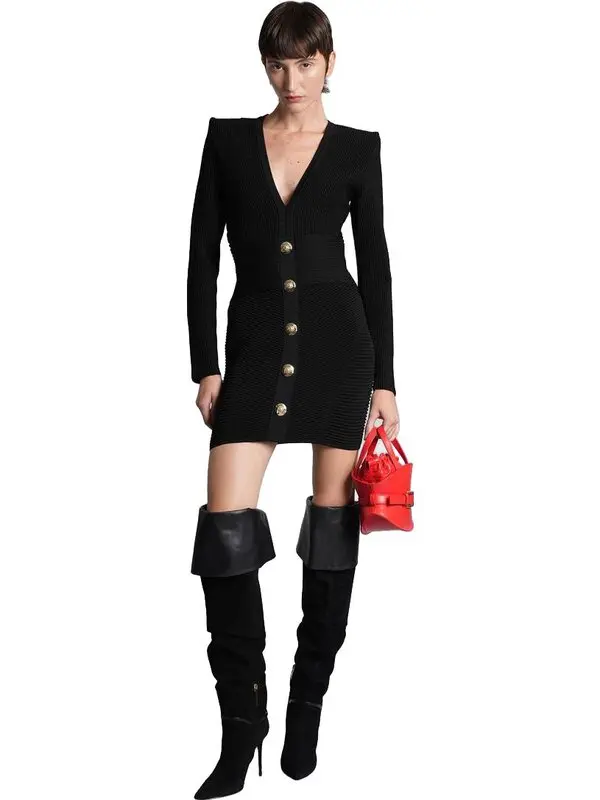 Balmain Mini Dress With Gold Buttons - Black