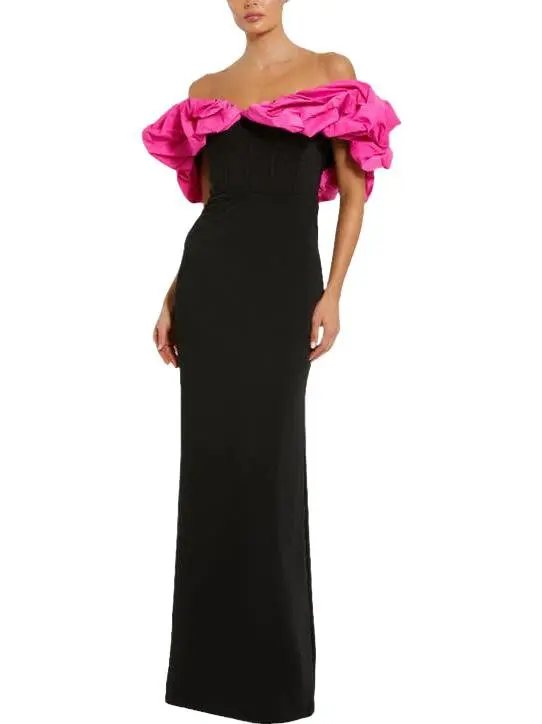 Mac Duggal Crepe & Faille Off-the-shoulder Gown - Black Hot Pink