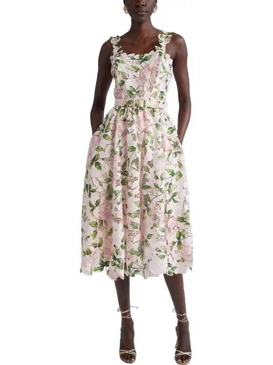 Oscar De La Renta Garden Rose Belted Silk Guipure Lace Midi Dress - Pink/blush