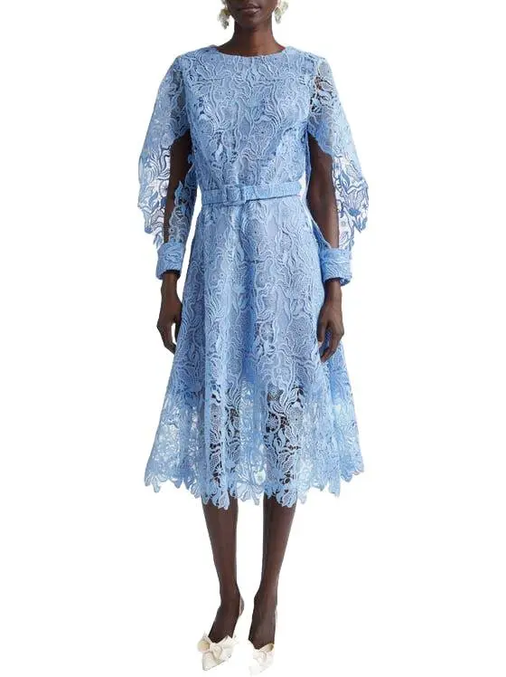 Oscar De La Renta Long Sleeve Guipure Lace Fit-and-flare Dress - Opal