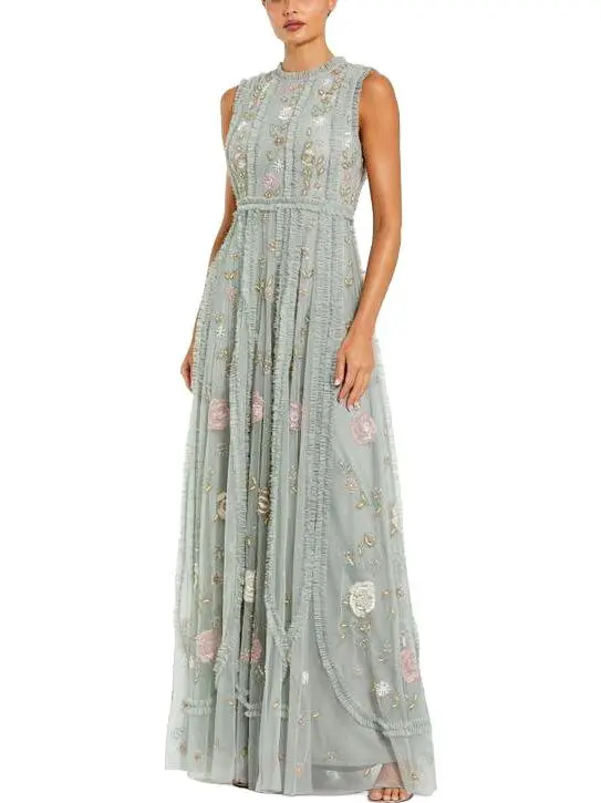 Mac Duggal Floral Mesh A-line Gown - Sage Multi