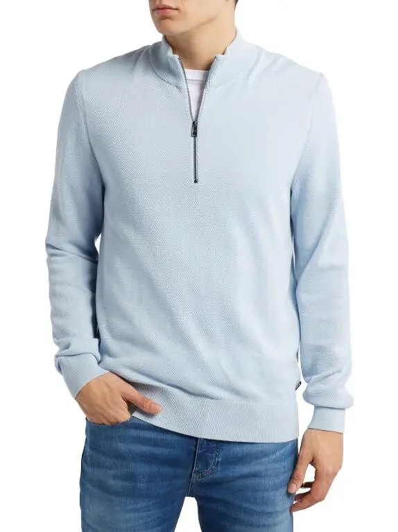 BOSS Ebrando Textured Cotton Half Zip Sweater - Light Blue
