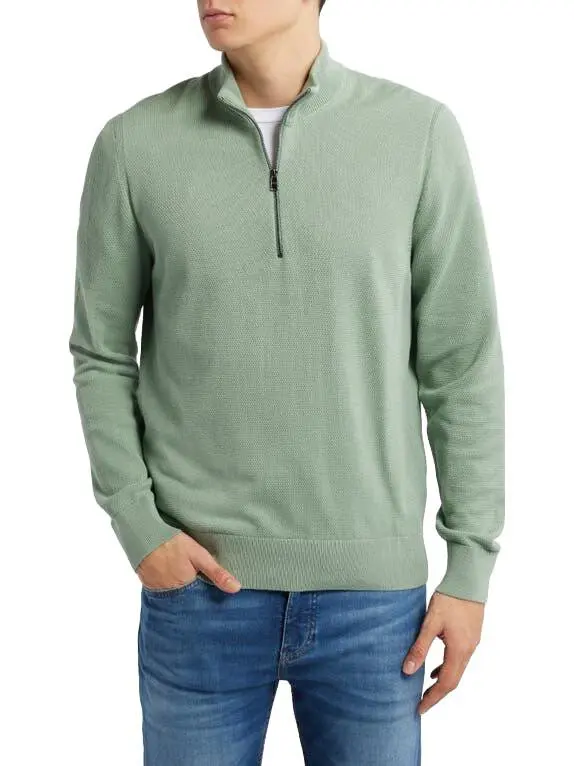 BOSS Ebrando Textured Cotton Half Zip Sweater - Light Green