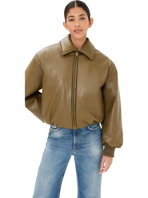 Acne Studios Faux Leather Bomber Jacket - Khaki Green