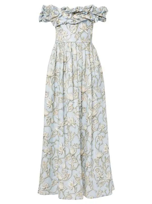 Agua Bendita Espliego Floral Linen Maxi Dress - Blue