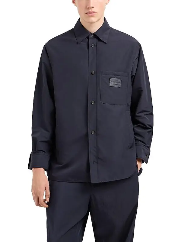 Emporio Armani Padded Regular Fit Button Down Shirt With Leather Logo Patch - Navy Blue