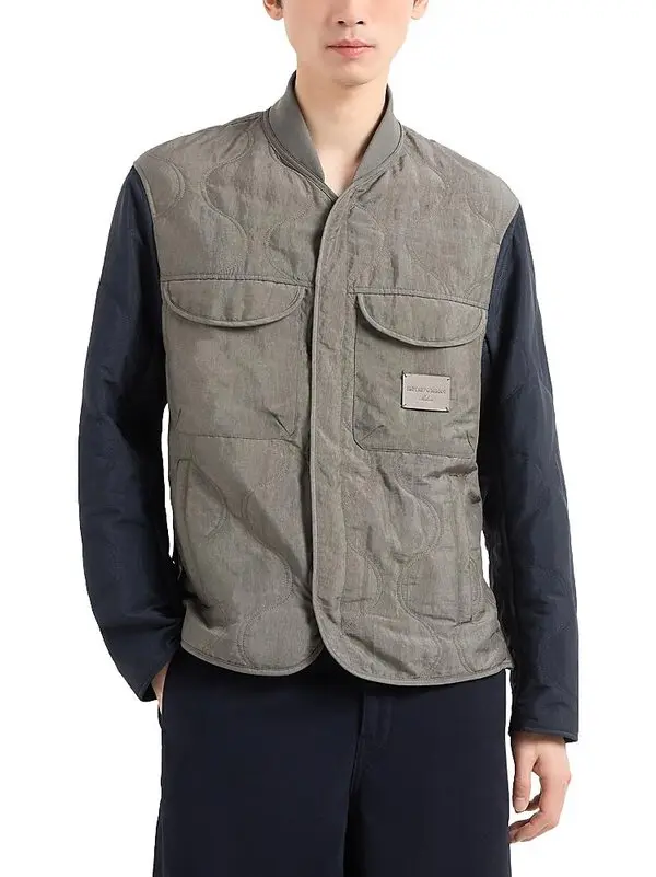 Emporio Armani Regular Fit Color Block Quilted Bomber Jacket - Dark Beige