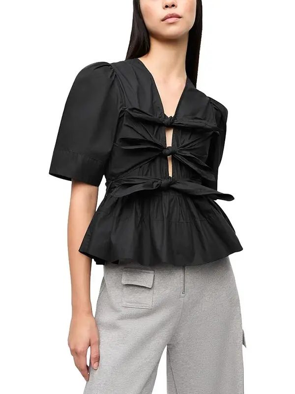 GANNI Tie Front Peplum Top - Black