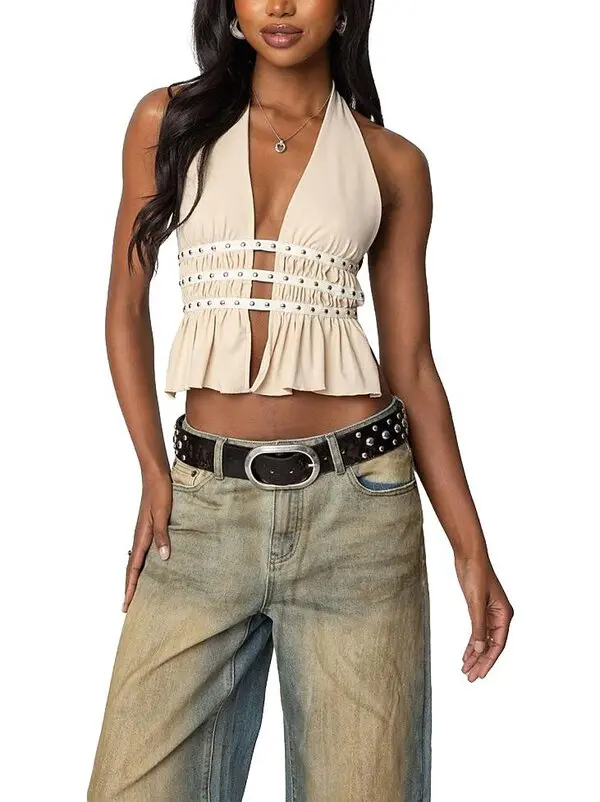EDIKTED Studded Halter Top - Cream