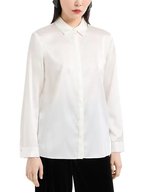 Emporio Armani Stretch Silk Satin Long Sleeve Button Down Blouse - White
