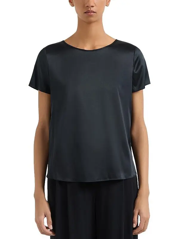 Emporio Armani Stretch Silk Satin Short Sleeve Blouse - Black