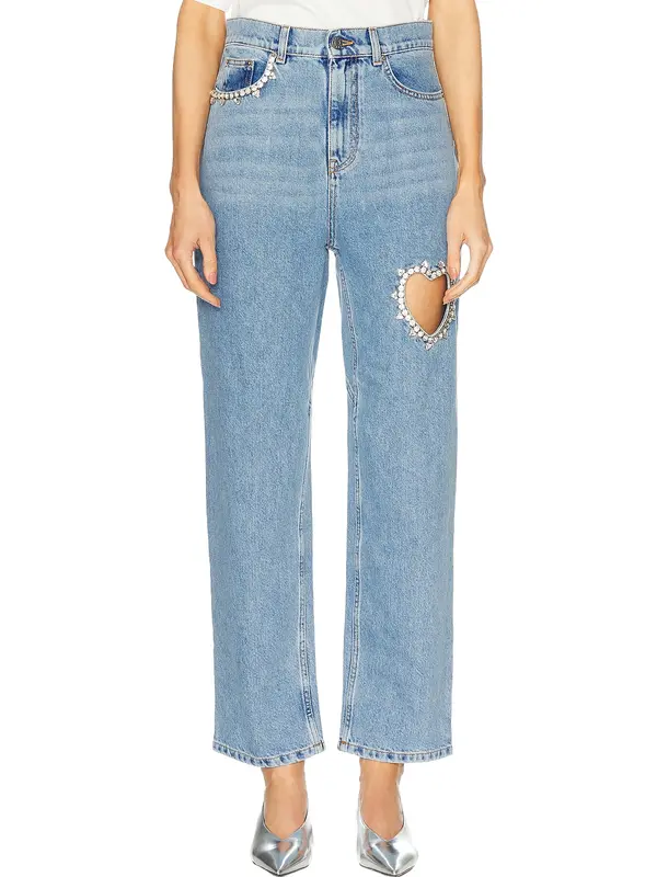 AREA Crystal Heart Straight Leg Jeans - Light Blue