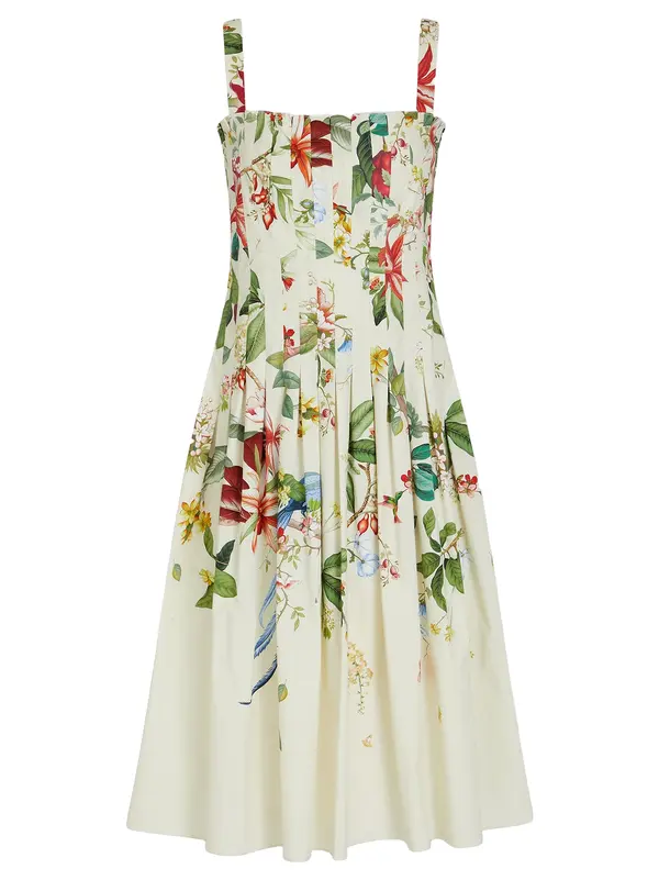 Oscar De La Renta Pleated Printed Cotton-blend Poplin Midi Dress - Ivory