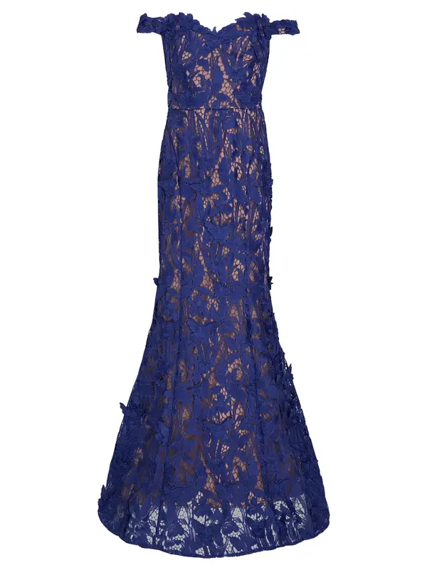 Marchesa Off-the-shoulder Guipure Lace Gown - Navy