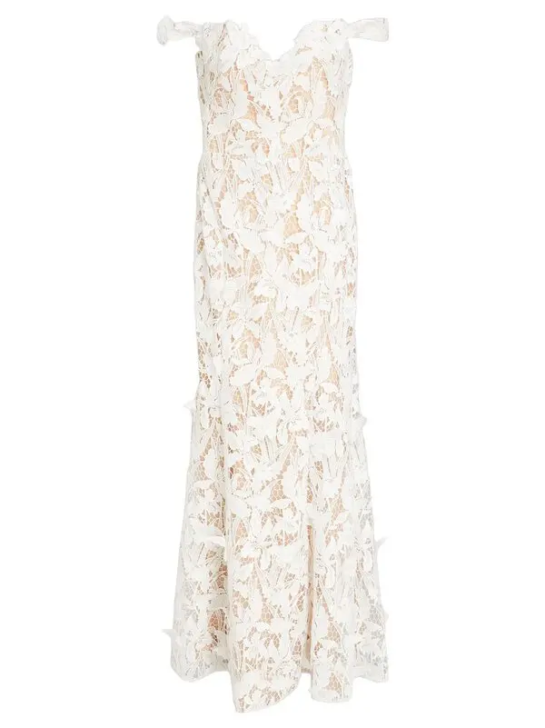 Marchesa Off-the-shoulder Guipure Lace Gown - White