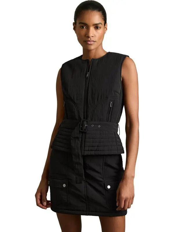 REISS Mio Quilted Belted Vest - Black