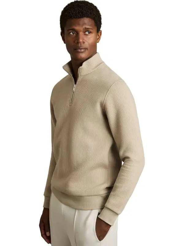 REISS Ashby Half-zip Funnel-neck Jumper - Taupe