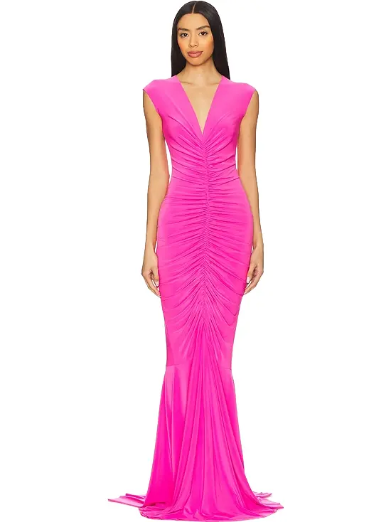 Norma Kamali X Sleeveless Deep V Neck Shirred Front Fishtail Gown - Orchid Pink