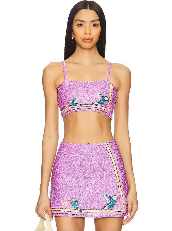 OCEANUS Della Beaded Powermesh Top - Lilac