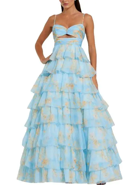 Mac Duggal Floral Cut Out Ruffle Layered Gown - Blue Multi