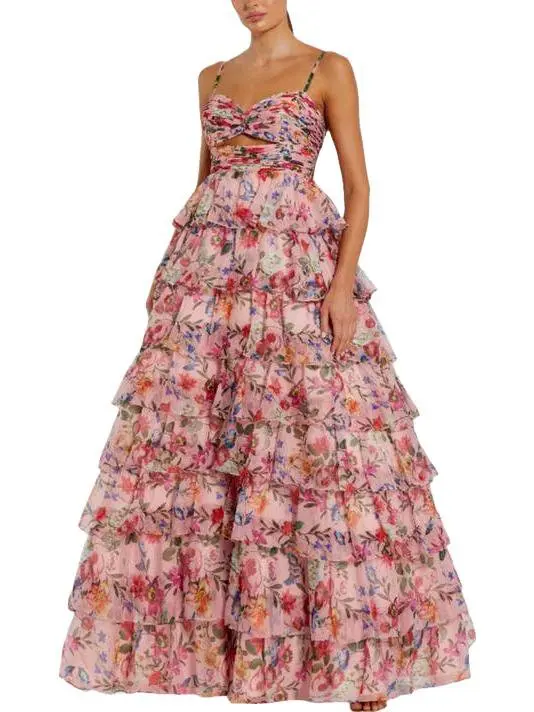 Mac Duggal Floral Cut Out Ruffle Layered Gown - Pink Multi