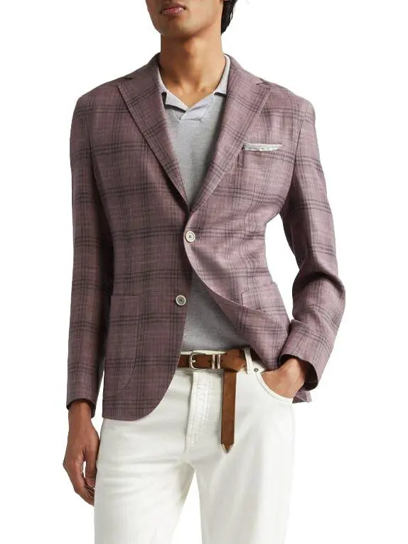 Eleventy Plaid Linen & Wool Blend Sport Coat - Berry