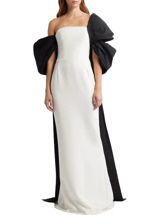Marchesa Cape Back Column Gown - Ivory Black