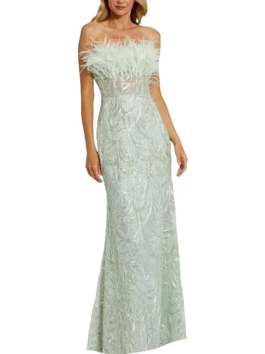 Mac Duggal Strapless Feather Bustier Gown - Mint